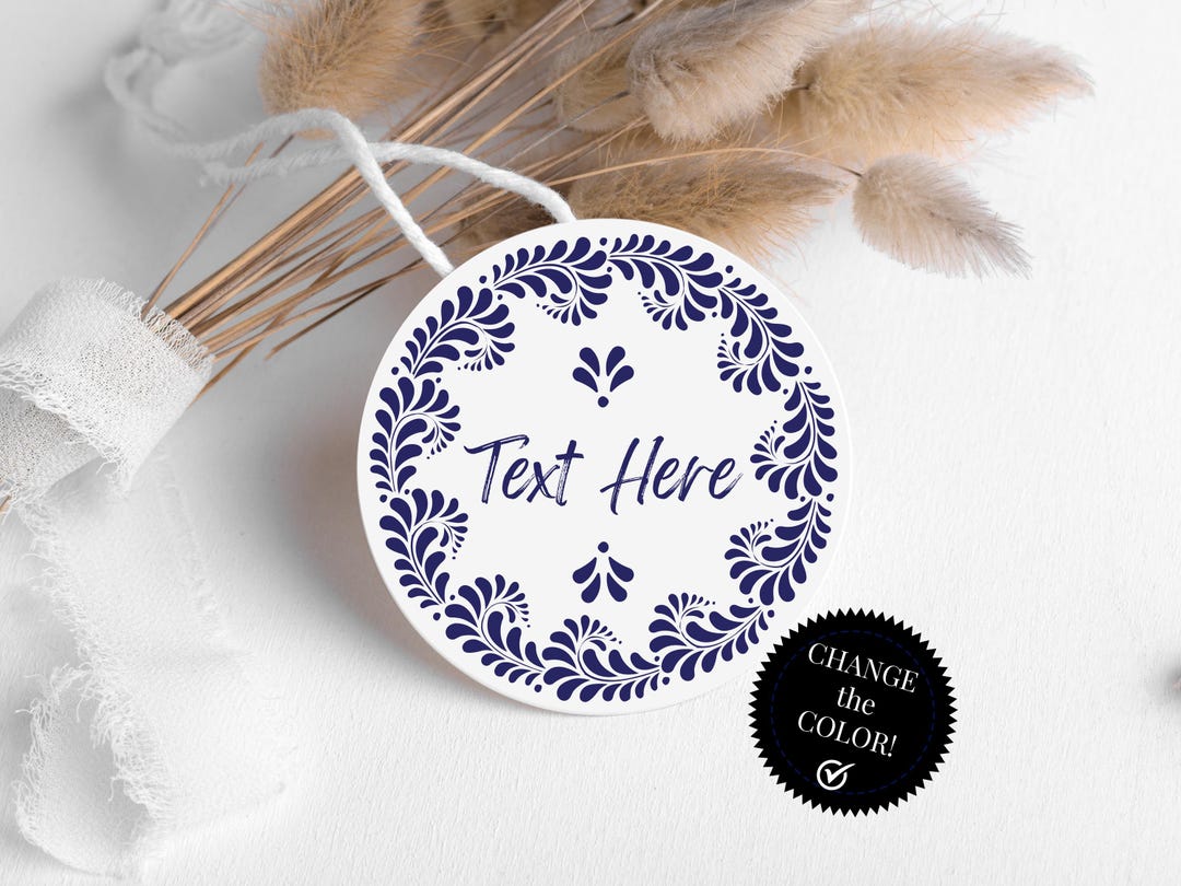 Mexican Talavera Label Template | Round Digital Sticker | Blue Talavera ...