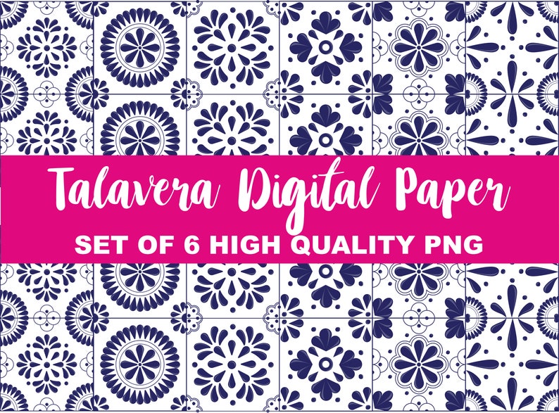 Beautiful Mexican Talavera Digital Paper Set - 6 Mosaic Designs in Hight Quality PNG Format ...