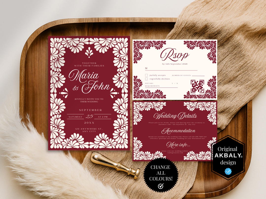 Burgundy Talavera Wedding Invitation Template Bundle | Elegant Mexican ...