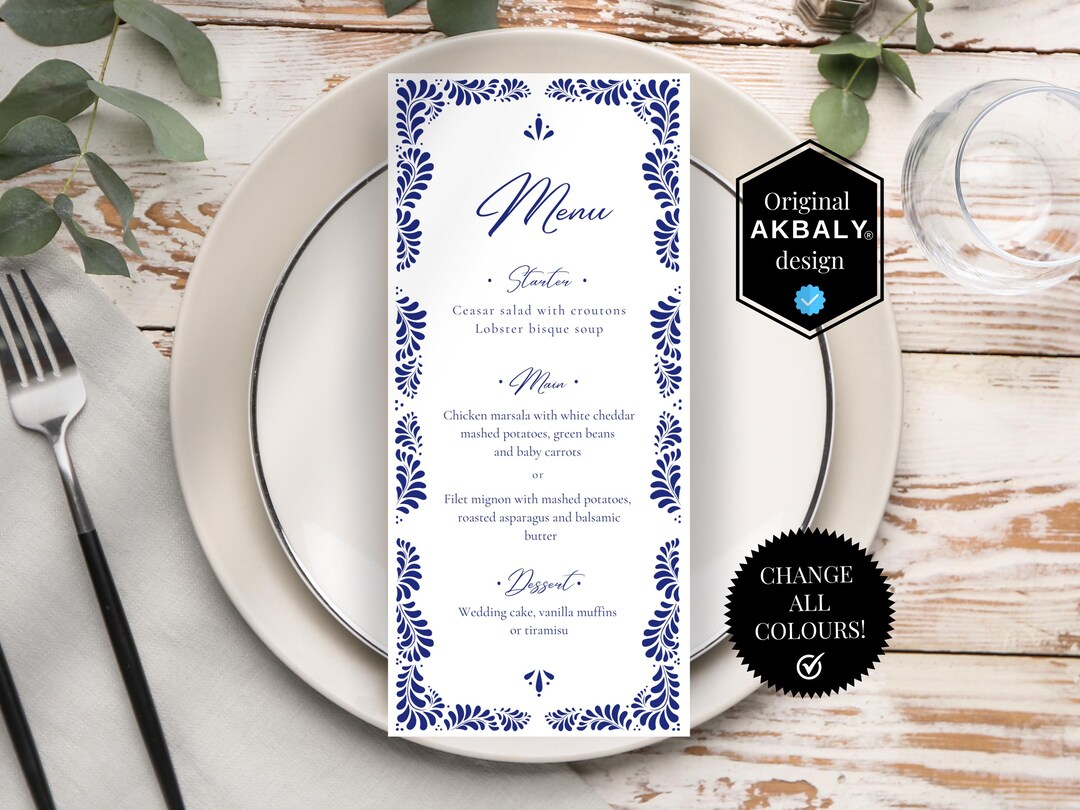 Blue Talavera Wedding Menu Card Template | Talavera Menu Printable Card ...