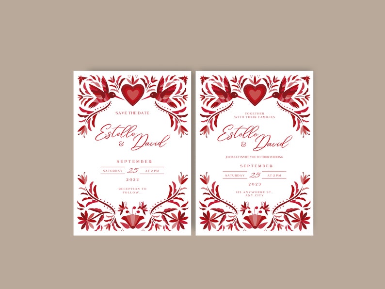 Customizable Mexican Wedding Invitation and Save the Date in Red Otomi ...
