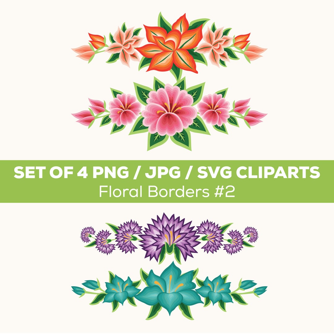 Floral Borders, Set of 4 Cliparts | PNG, SVG | Oaxaca Floral Design ...