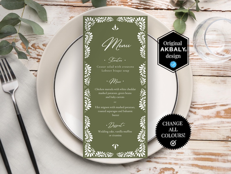 Sage Green Wedding Menu Card Template | Mexican Talavera Menu Card ...