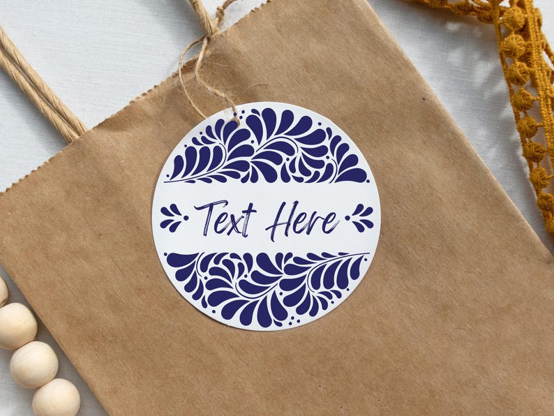 Mexican Talavera Label Template | Round Digital Sticker | Blue Talavera ...