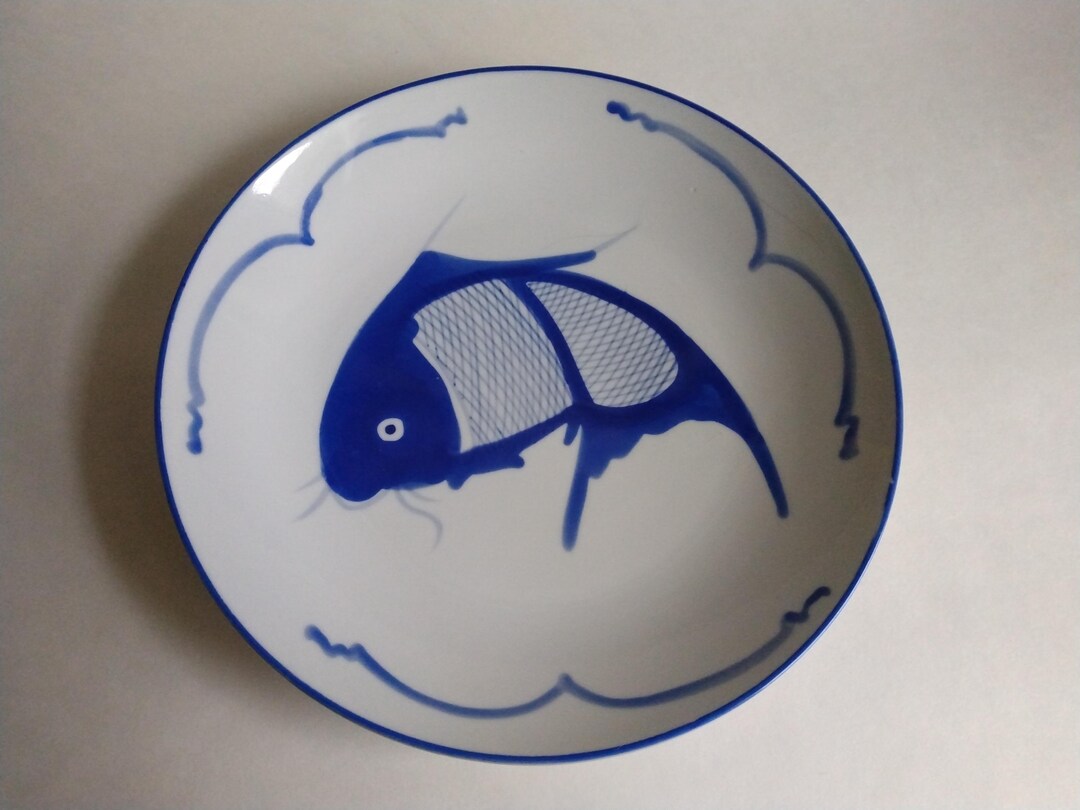 Large Blue and White Ceramic Koi Fish Plate 9 1/4" Diameter - Etsy