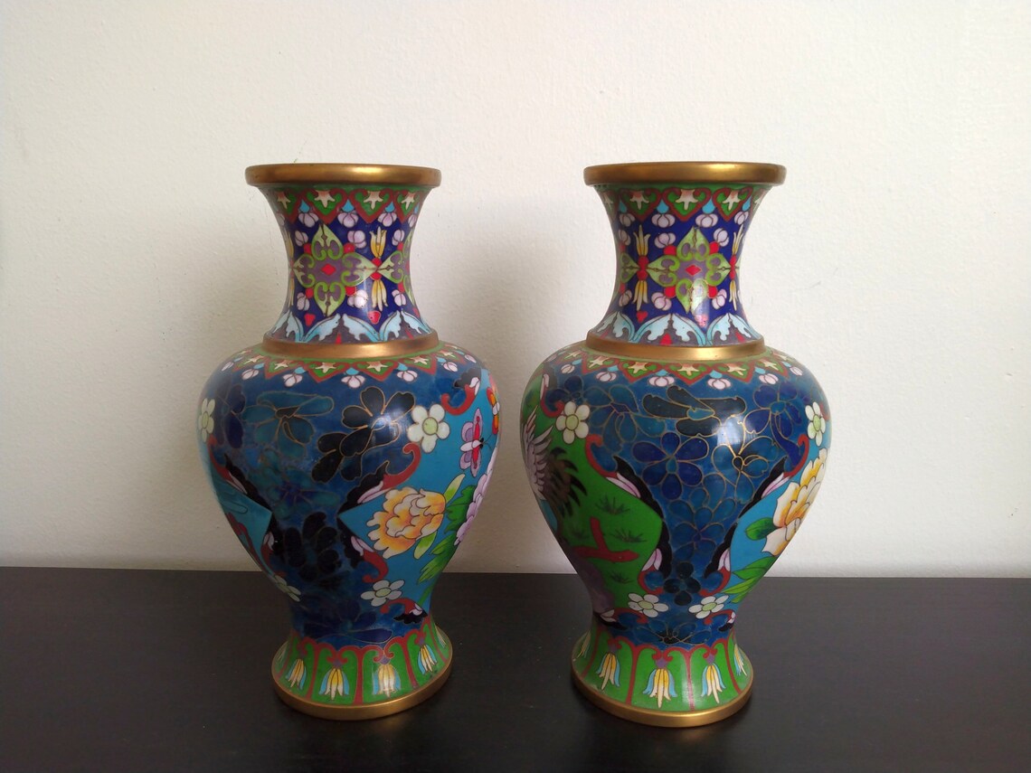 2 Chinese Jingfa Cloisonné Vase With Cranes, Flowers and Butterflies ...
