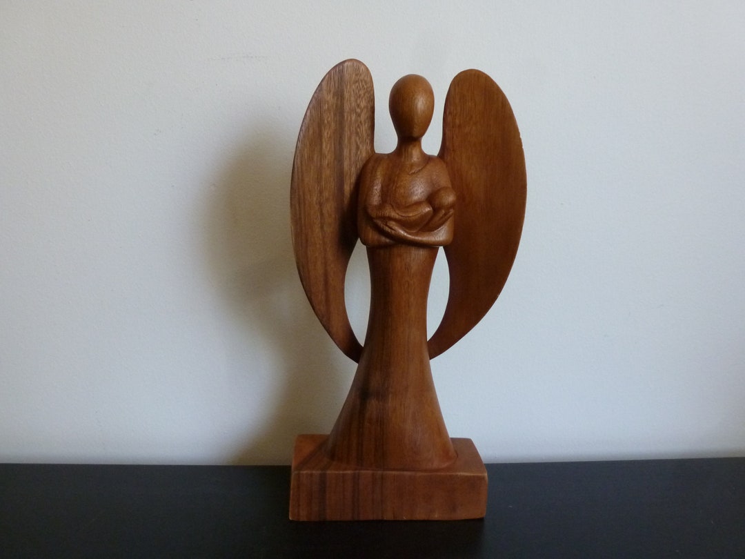 Wood Hand Carved Angel and Baby Sculpture Guardian Angel Figurine 13 1/ ...