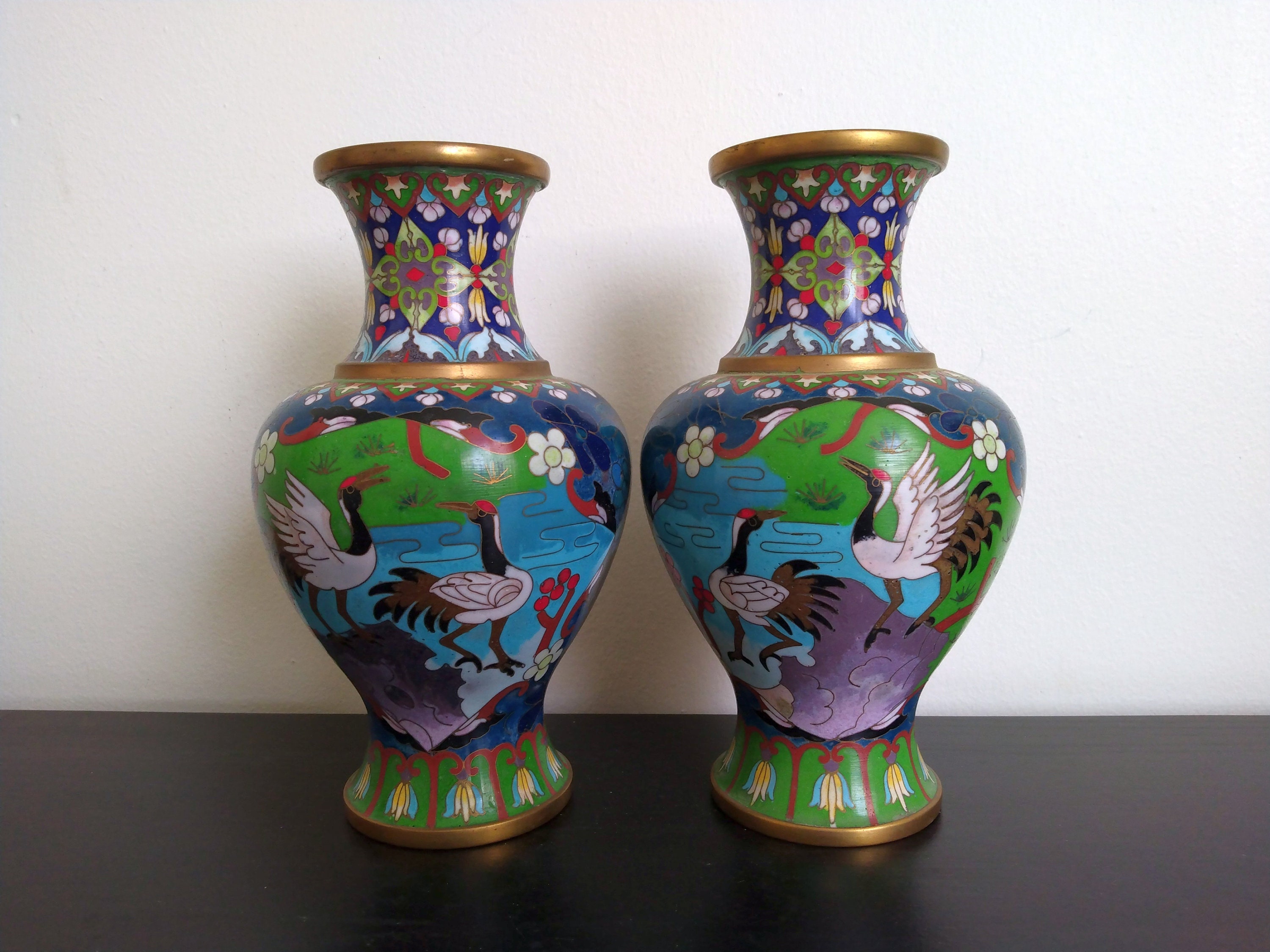 2 Chinese Jingfa Cloisonné Vase With Cranes, Flowers and Butterflies ...