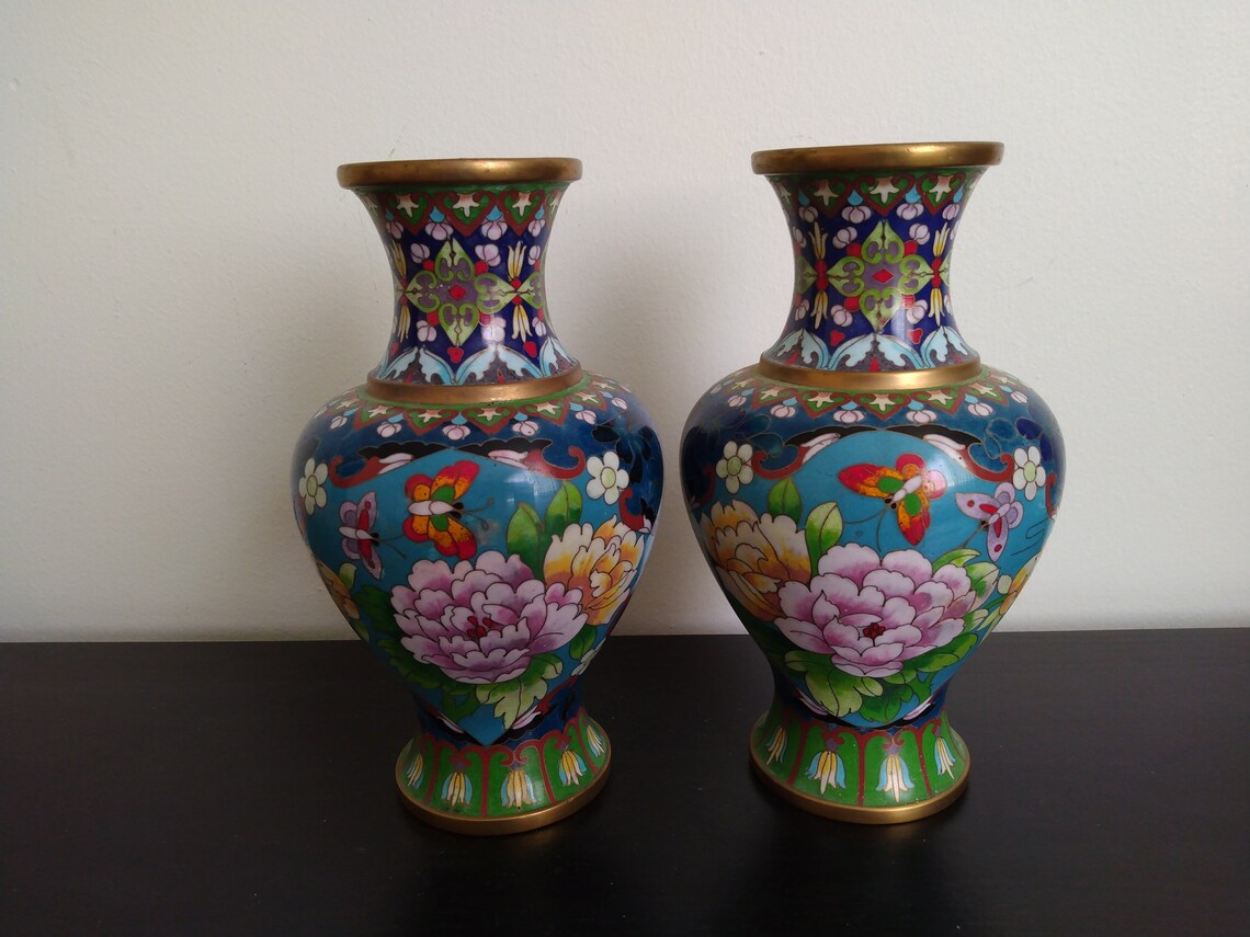 2 Chinese Jingfa Cloisonné Vase With Cranes, Flowers and Butterflies ...