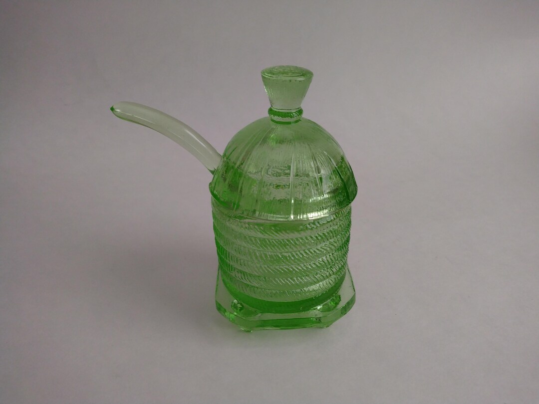 Green Vaseline Glass Bee Hive Honey Pot / Mustard Jar Dipper Spoon ...