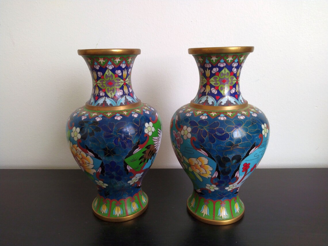 2 Chinese Jingfa Cloisonné Vase With Cranes, Flowers and Butterflies ...