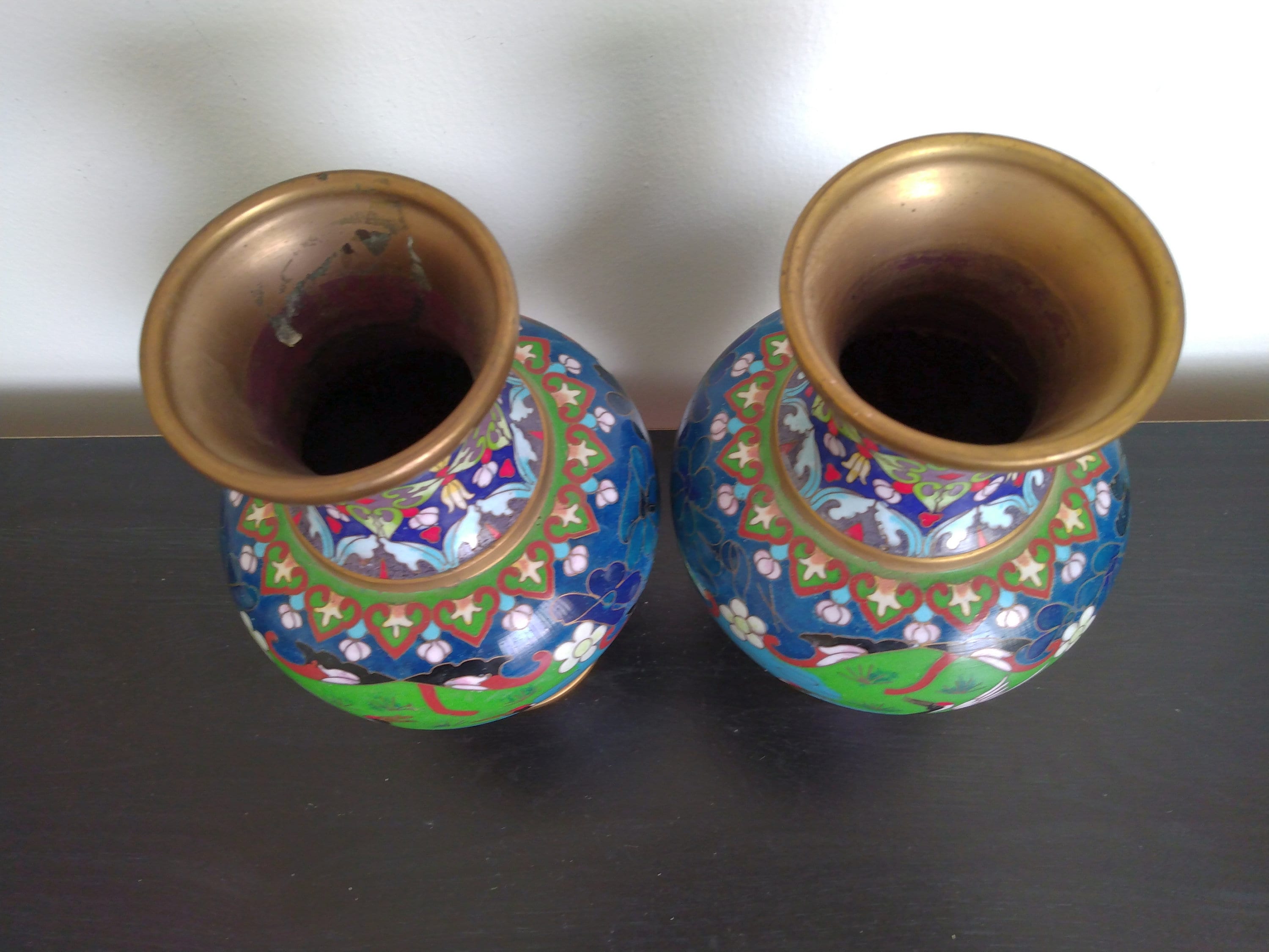2 Chinese Jingfa Cloisonné Vase With Cranes, Flowers and Butterflies ...