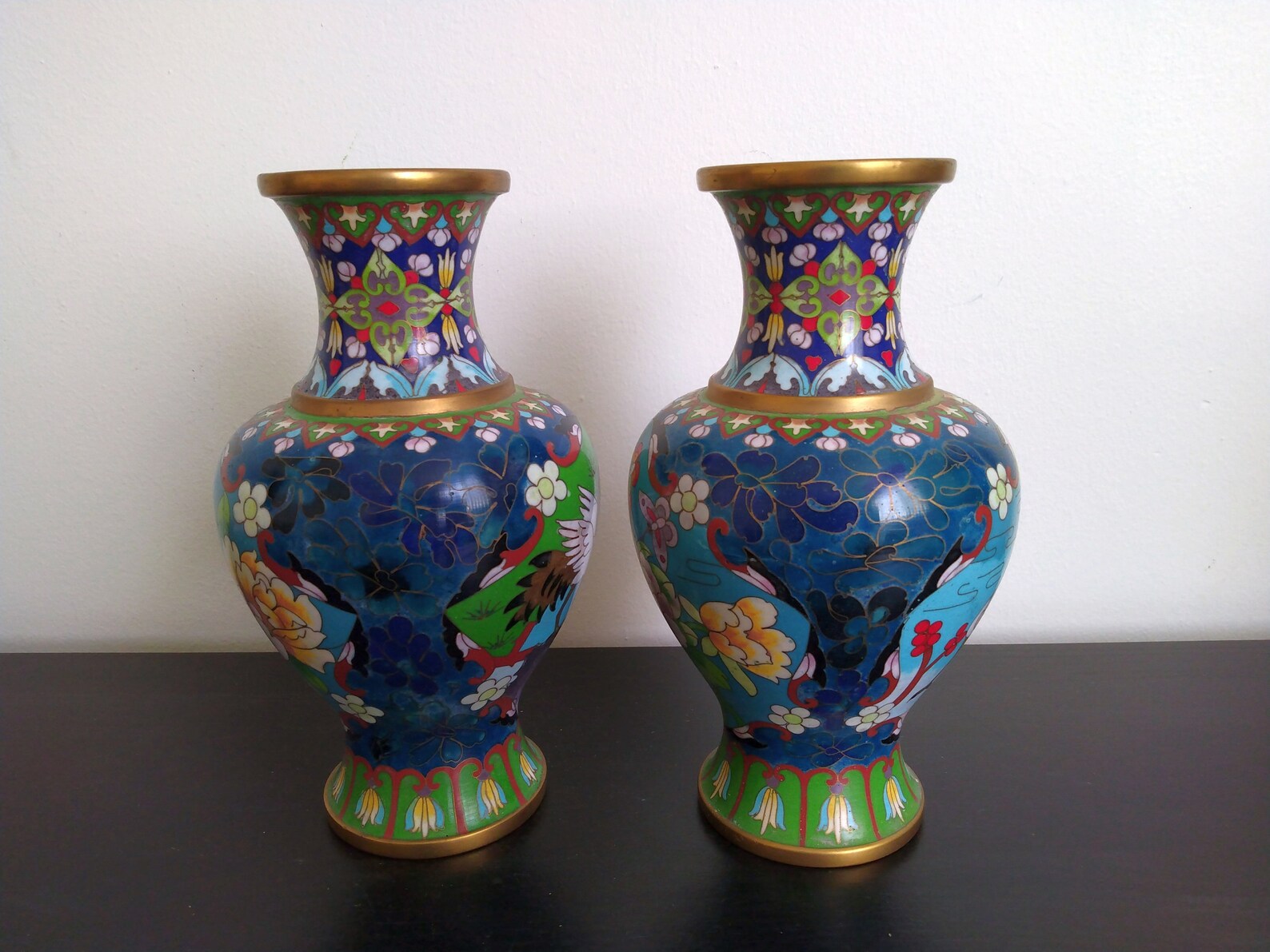 2 Chinese Jingfa Cloisonné Vase With Cranes, Flowers and Butterflies ...