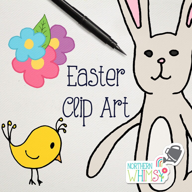 Easter Clip Art whimsical hand drawn bunny bird & egg | Etsy