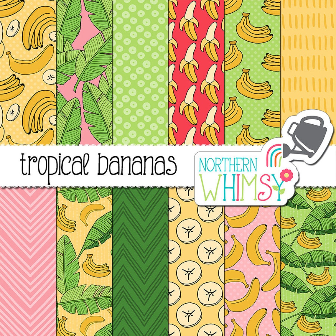 Tropical Bananas Digital Paper Banana and Banana Leaf - Etsy