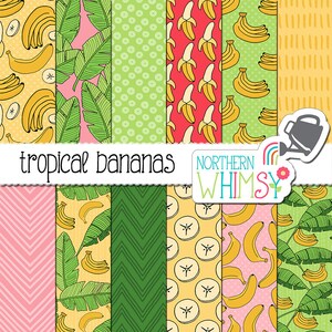 Tropical Bananas Digital Paper Banana and Banana Leaf Seamless Patterns ...