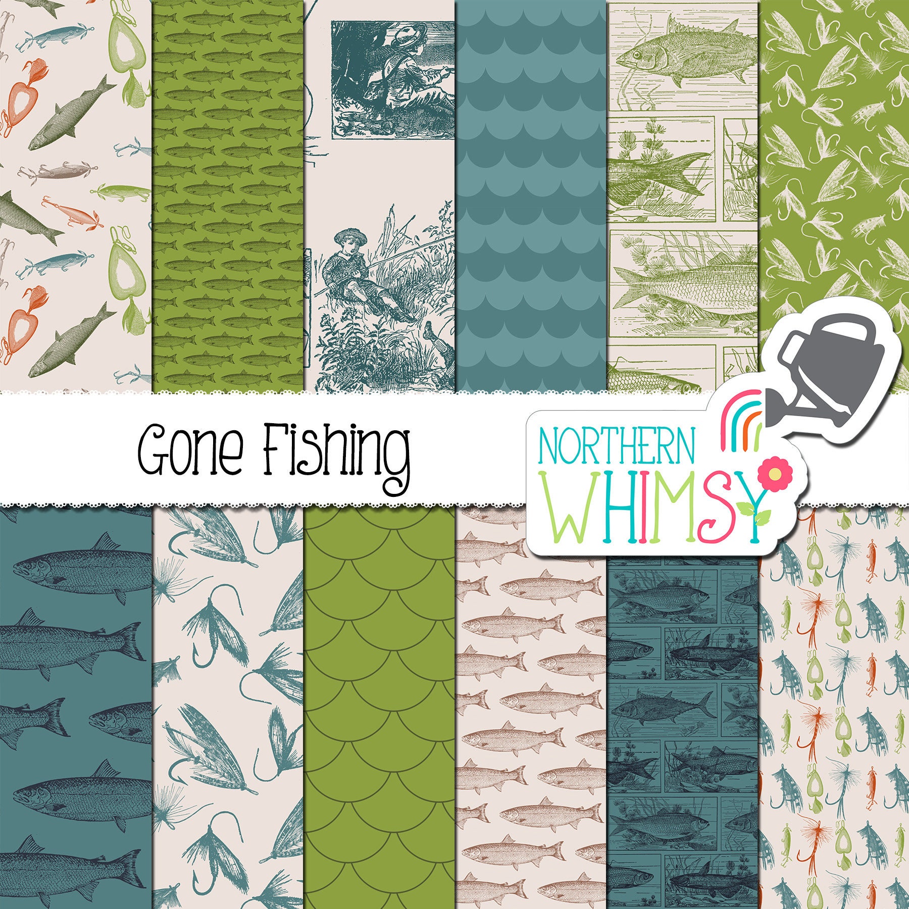 Fishing Digital Paper Vintage Fish and Lure Seamless - Etsy