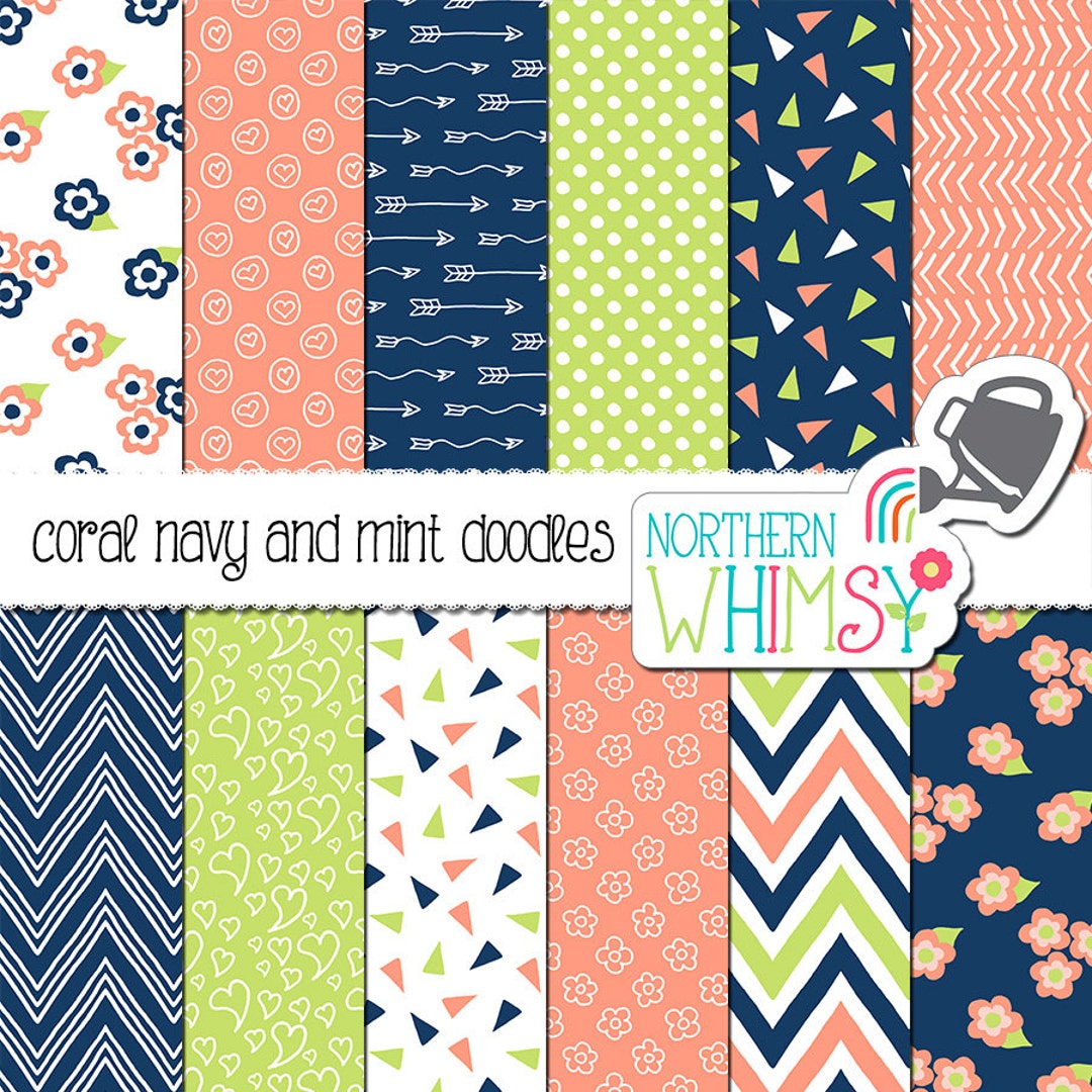 Coral and Navy Digital Paper Hand Drawn Floral and Geometric Seamless ...