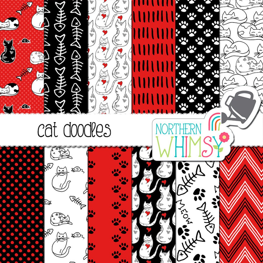 Cat Digital Paper Black, White & Red Hand-drawn Seamless Cat Patterns ...
