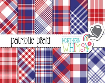 Red White & Blue Digital Plaid Paper Patriotic Papers July - Etsy