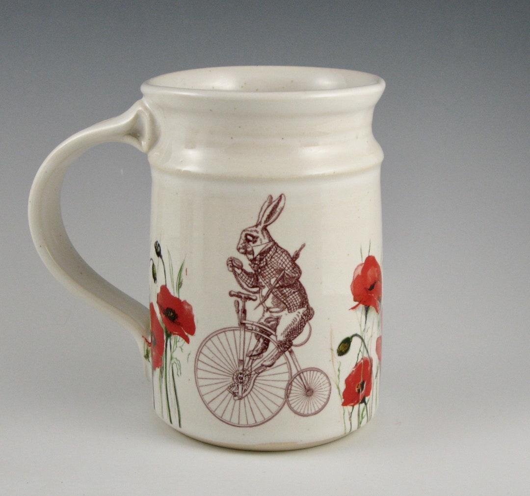 White Rabbit With Poppies Mug, Animals on Wheels, Pottery Mug - Etsy
