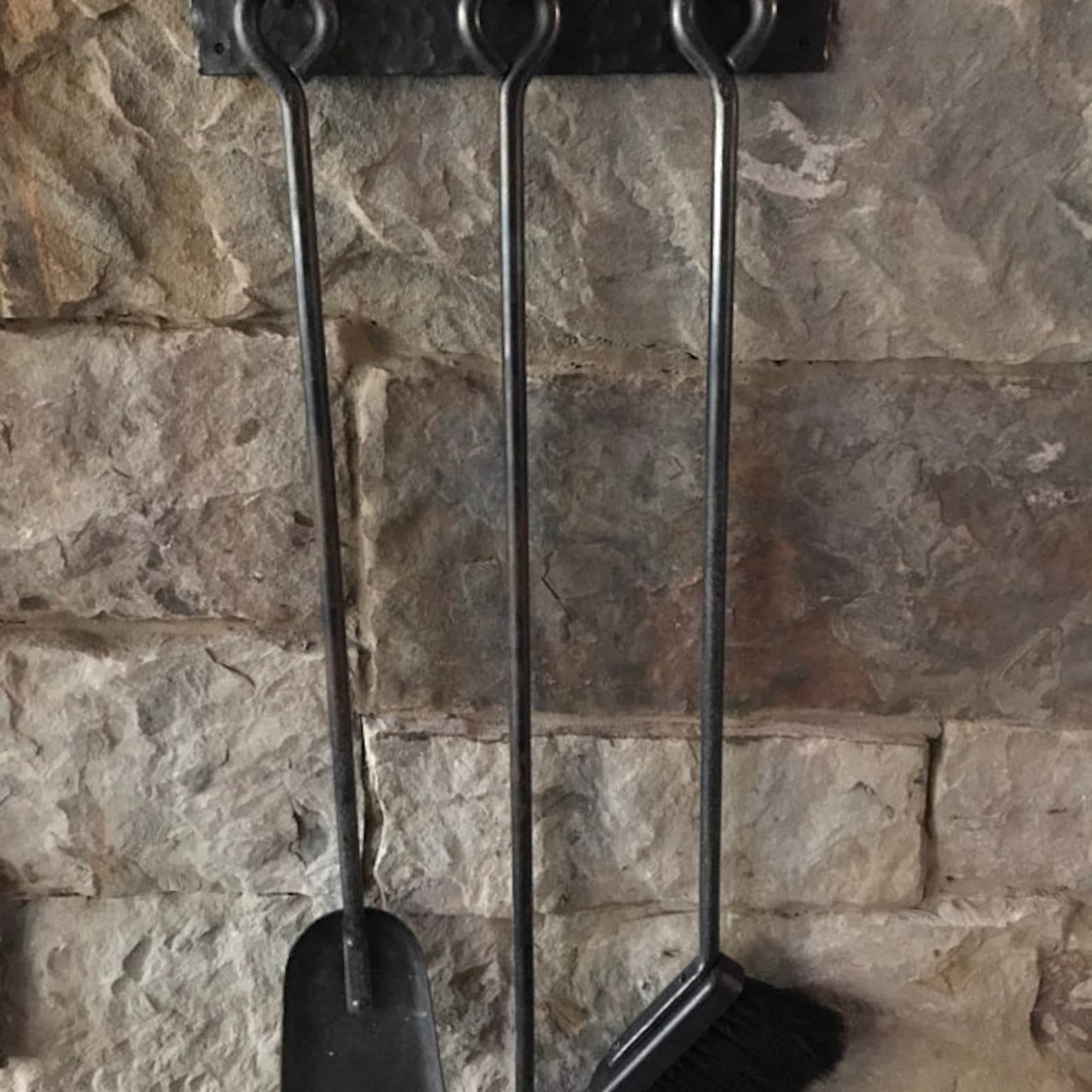 3 Piece Fireplace Set With Wall Mounted Hooks Blacksmith Made - Etsy