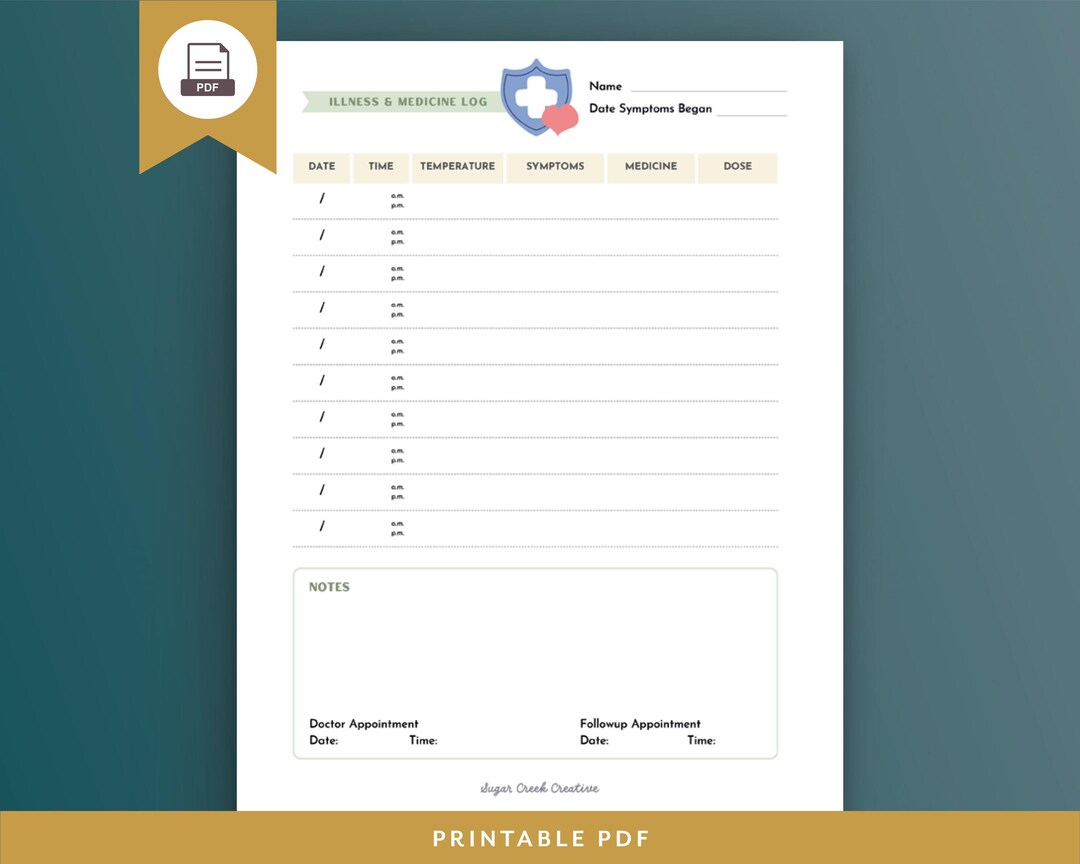 Illness and Medicine Log Printable Symptom Tracker Prescription Log ...