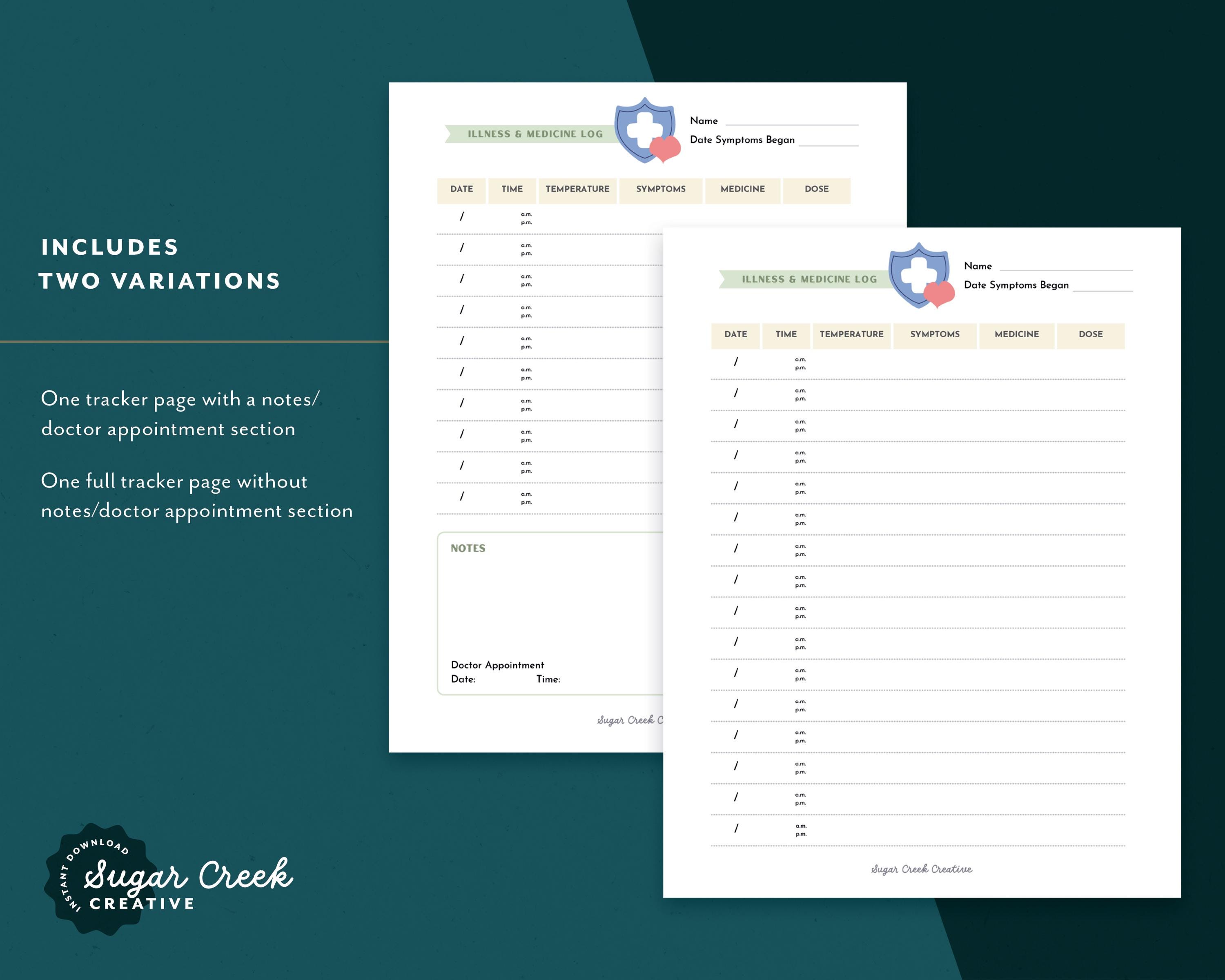 Illness and Medicine Log Printable Symptom Tracker Prescription Log ...