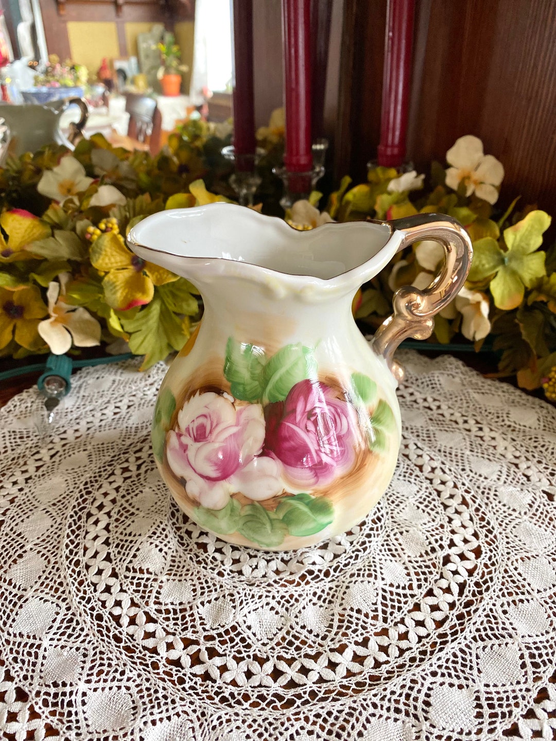Ceramic Creamer With Roses, Cottage Creamer With Pink Roses, Vintage ...
