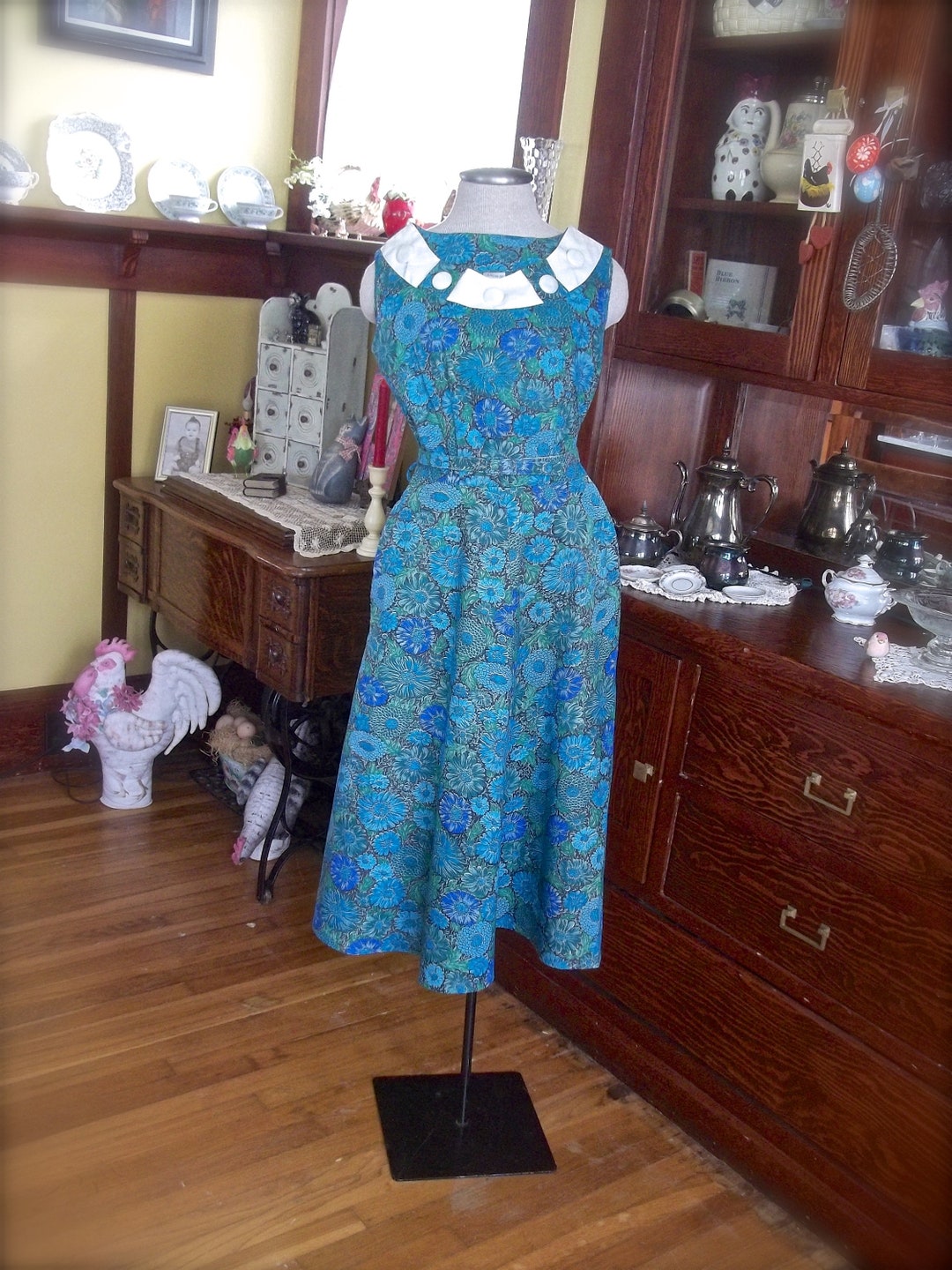 Vintage A Line Dress Vintage Green & Blue Floral Dress Dresses From the ...