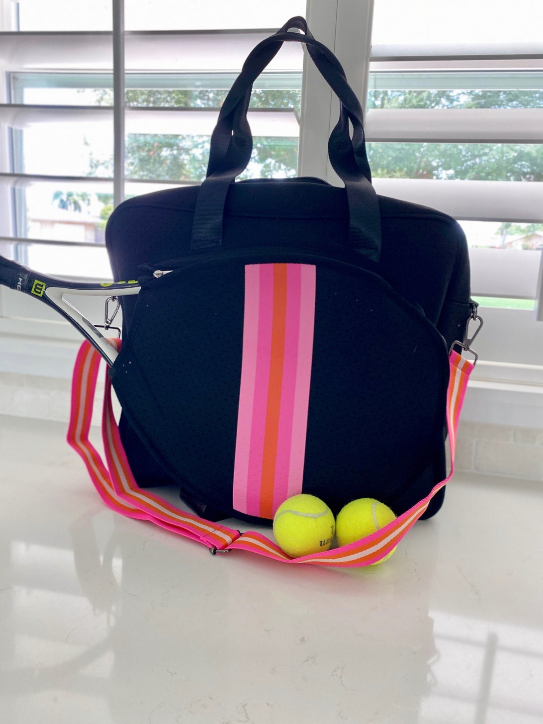 Ship in 2 Business Days Neoprene Tennis Bag Black With Pink Stripes ...