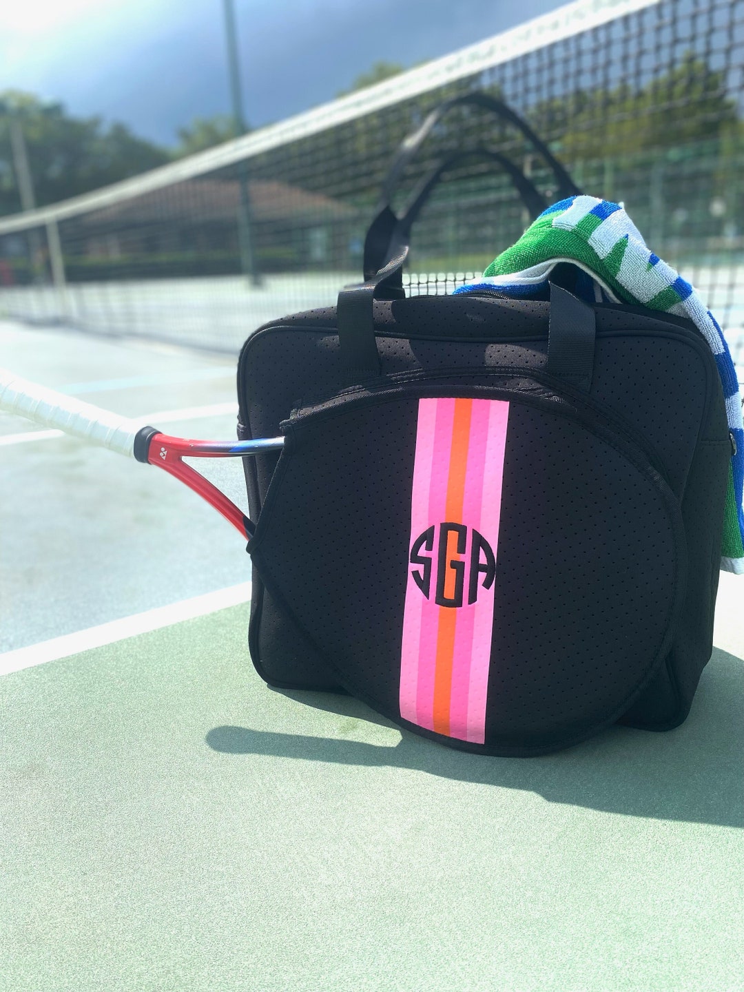 Free Shipping Personalized Neoprene Tennis Bag Black With Pink Stripes ...