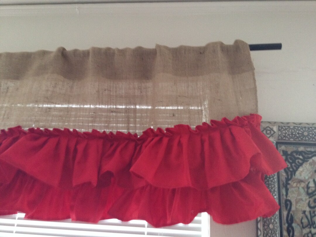 Red and Burlap Ruffled Valance Burlap Valances Burlap Curtain Window ...