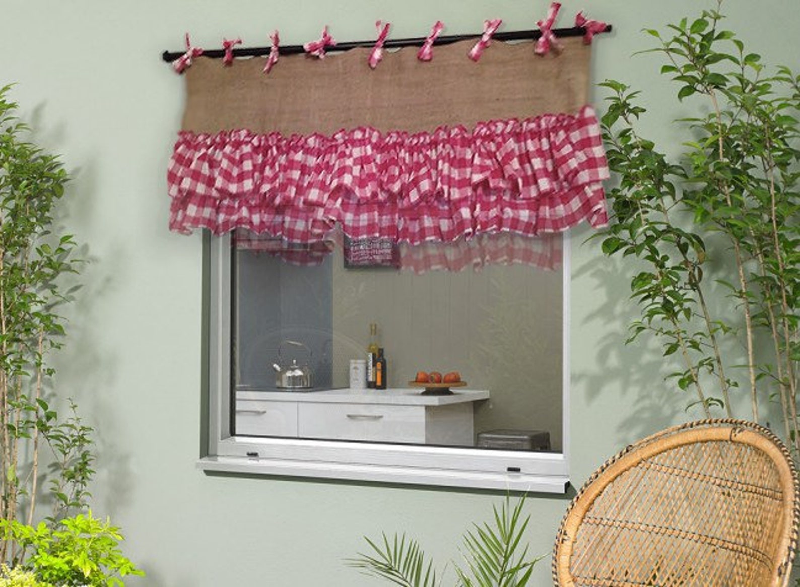 Burlap Valance With Gingham Ruffles and Matching Ties Gingham | Etsy