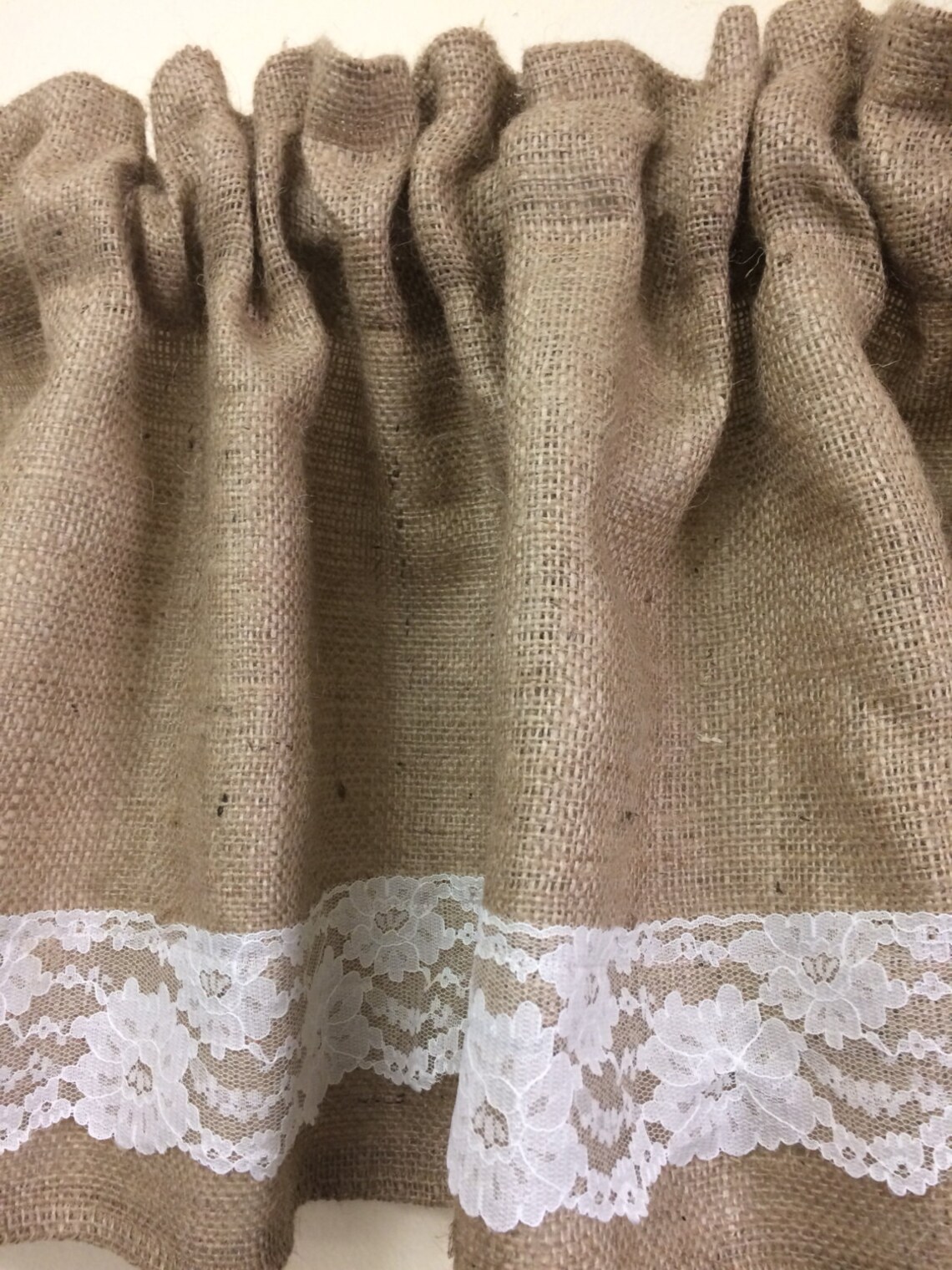 72X15 Natural Burlap Valance With Lace Burlap Curtain Window Treatments ...