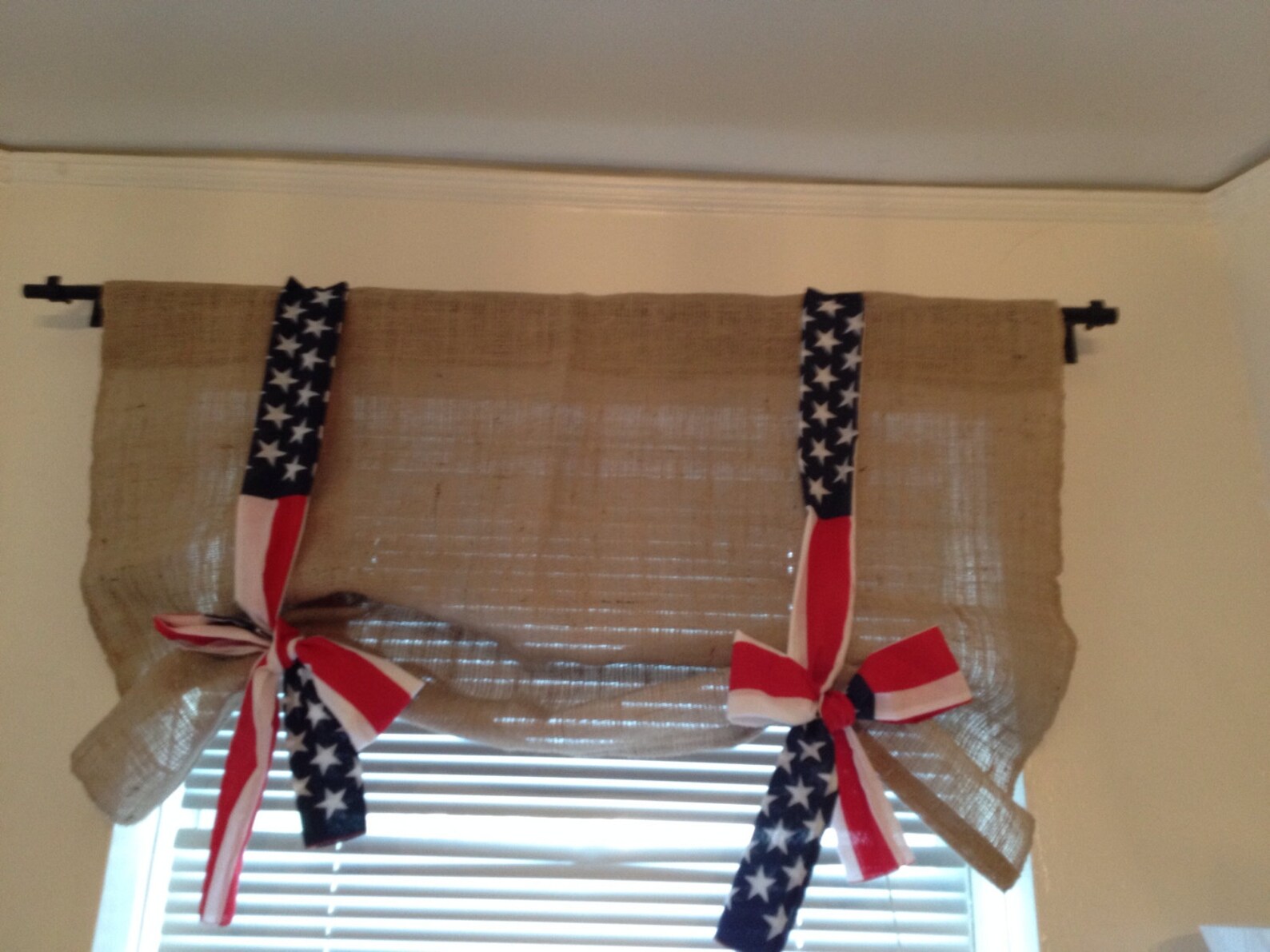 Patriotic Handmade Burlap Tie up Valance With American Flag Tie up ...