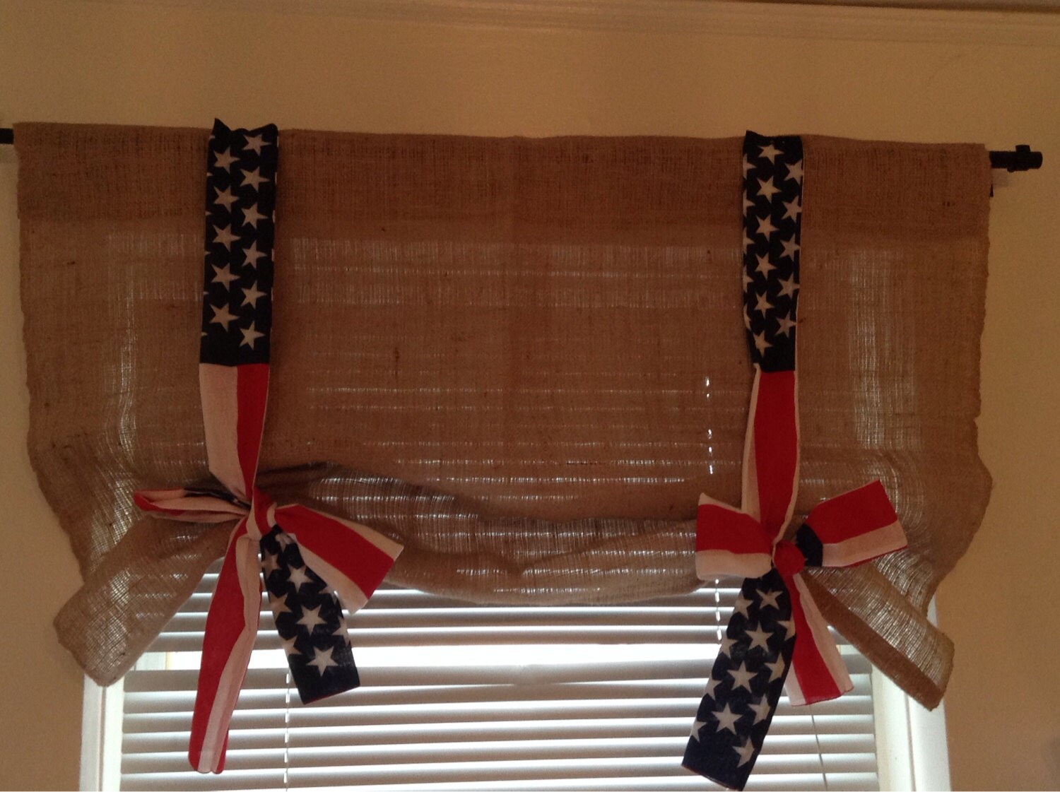 Patriotic Handmade Burlap Tie Up Valance with American Flag | Etsy