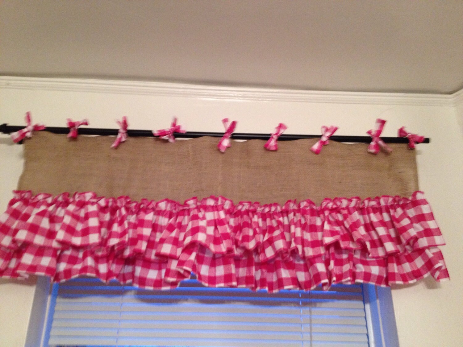 Burlap Valance with Gingham Ruffles and Matching Ties Gingham | Etsy