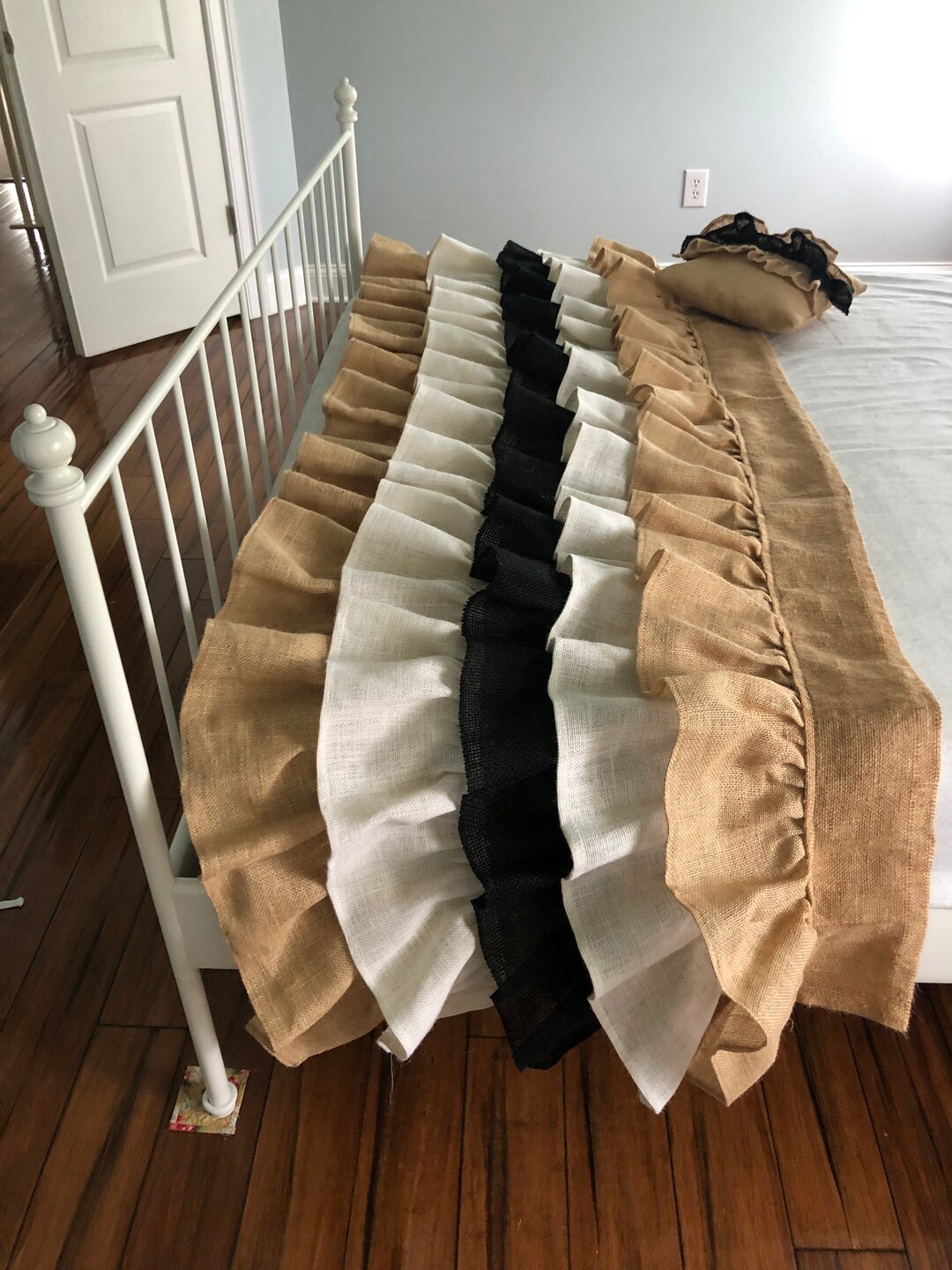 Burlap Bed Runner, Bed Scarf Natural, and Whit 5 Ruffles - Etsy