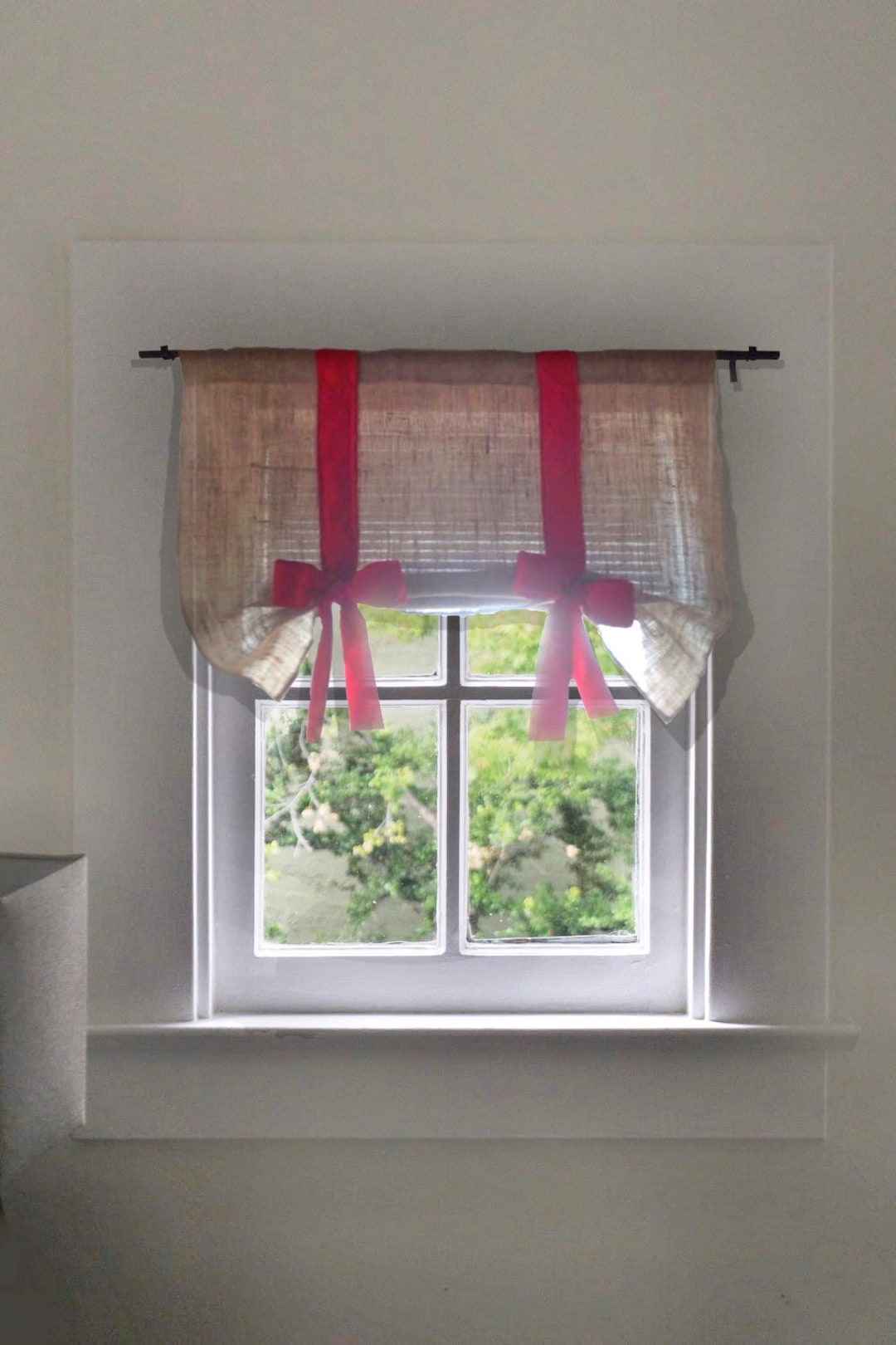 Burlap Tie up Valance With Red Bow Roll up Valance Kitchen Valance Tie ...