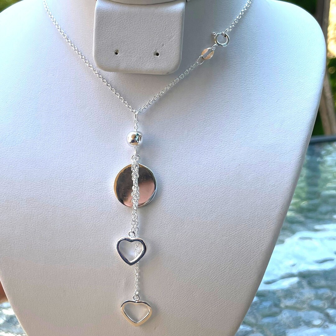 Sterling Silver Drop Necklace, Heart Drop Necklace, Double Heart ...