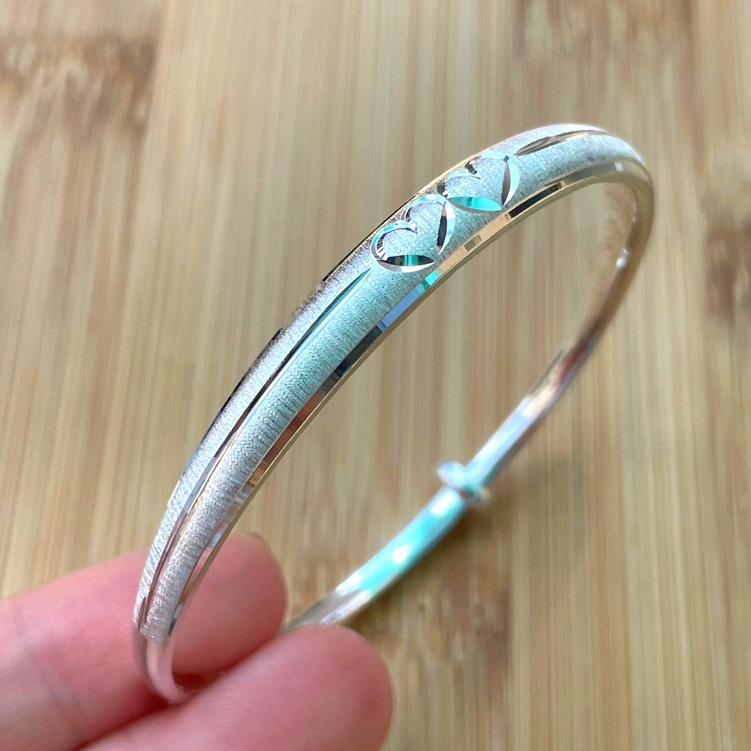 Sterling Silver Heart Bangle Bracelet, Pure Silver Bangle, Adjustable ...
