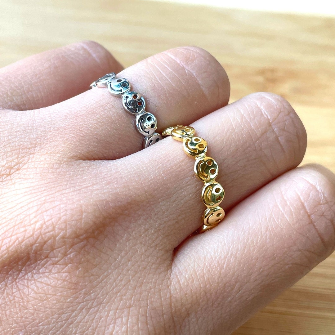 Silver Smiley Face Ring, Stackable Face Ring, Emoji Ring, Happy Face ...