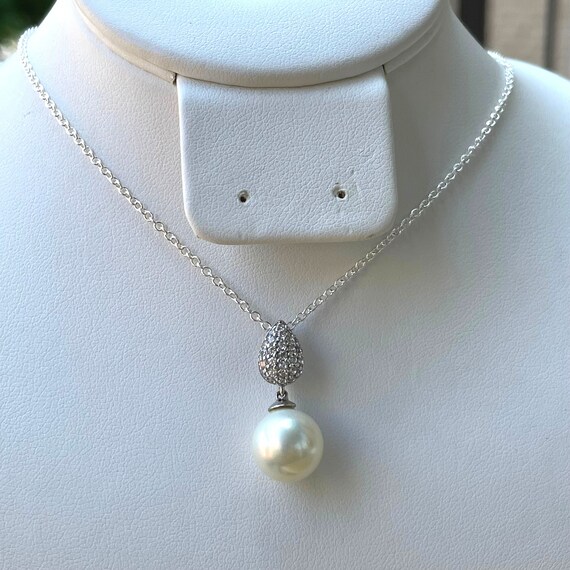 Sterling Silver Pearl Pendant Necklace Cubic Zirconia | Etsy