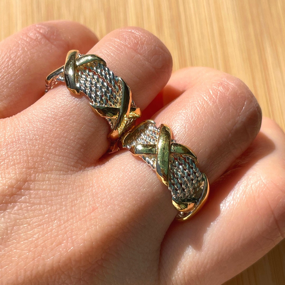 Sterling Silver Mesh Ring, Two Tone Ring, 8mm Band Ring, Gold Accent ...