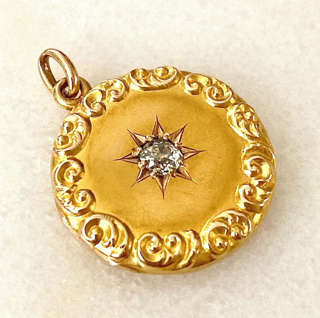 LARGE, 10K SOLID Gold Locket, Antique Victorian Locket, Starburst ...