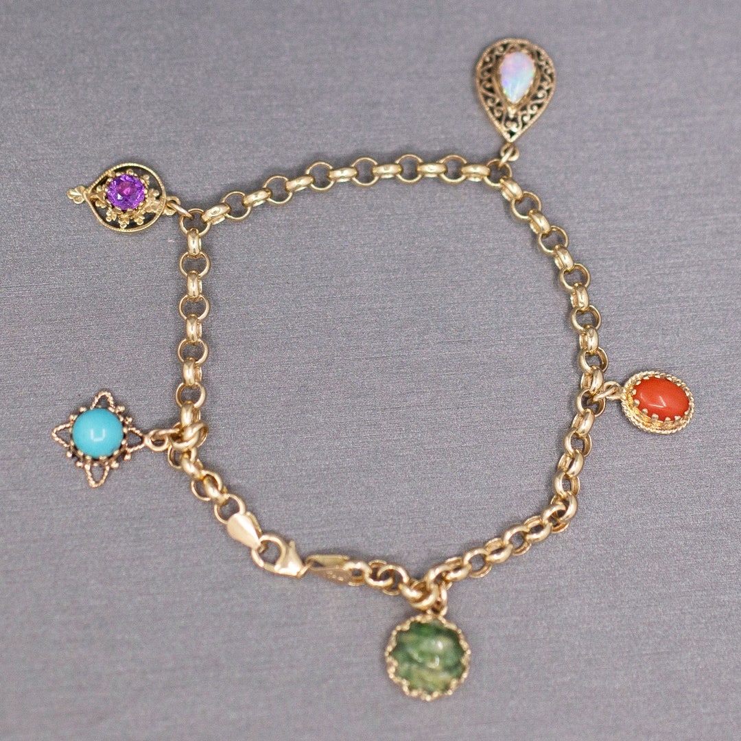 Multi-gemstone Dangling Charm Bracelet on Rolo Chain in 14k Yellow Gold ...