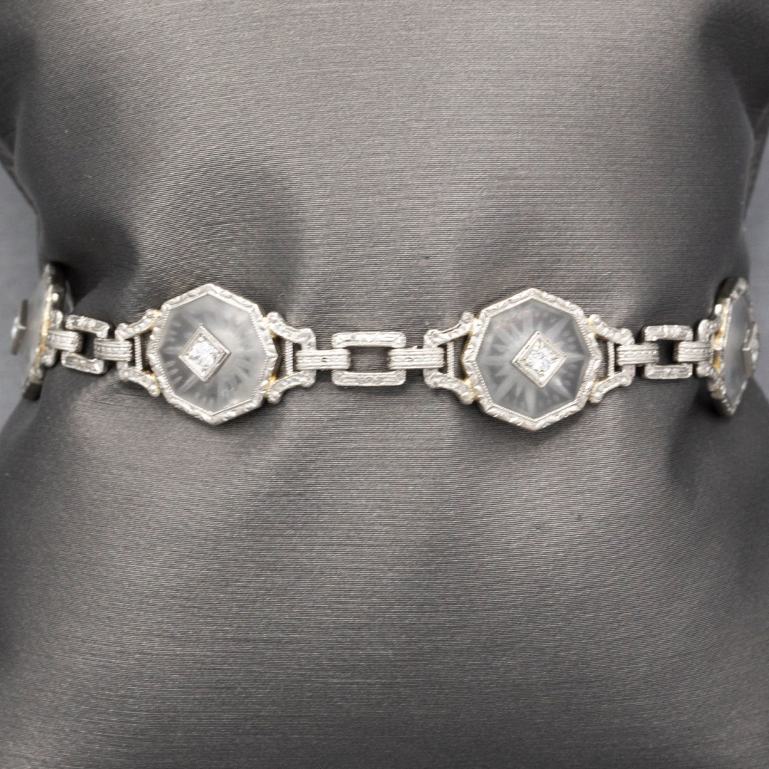 Romantic Art Deco Antique Camphor Glass and Diamond Engraved Bracelet ...