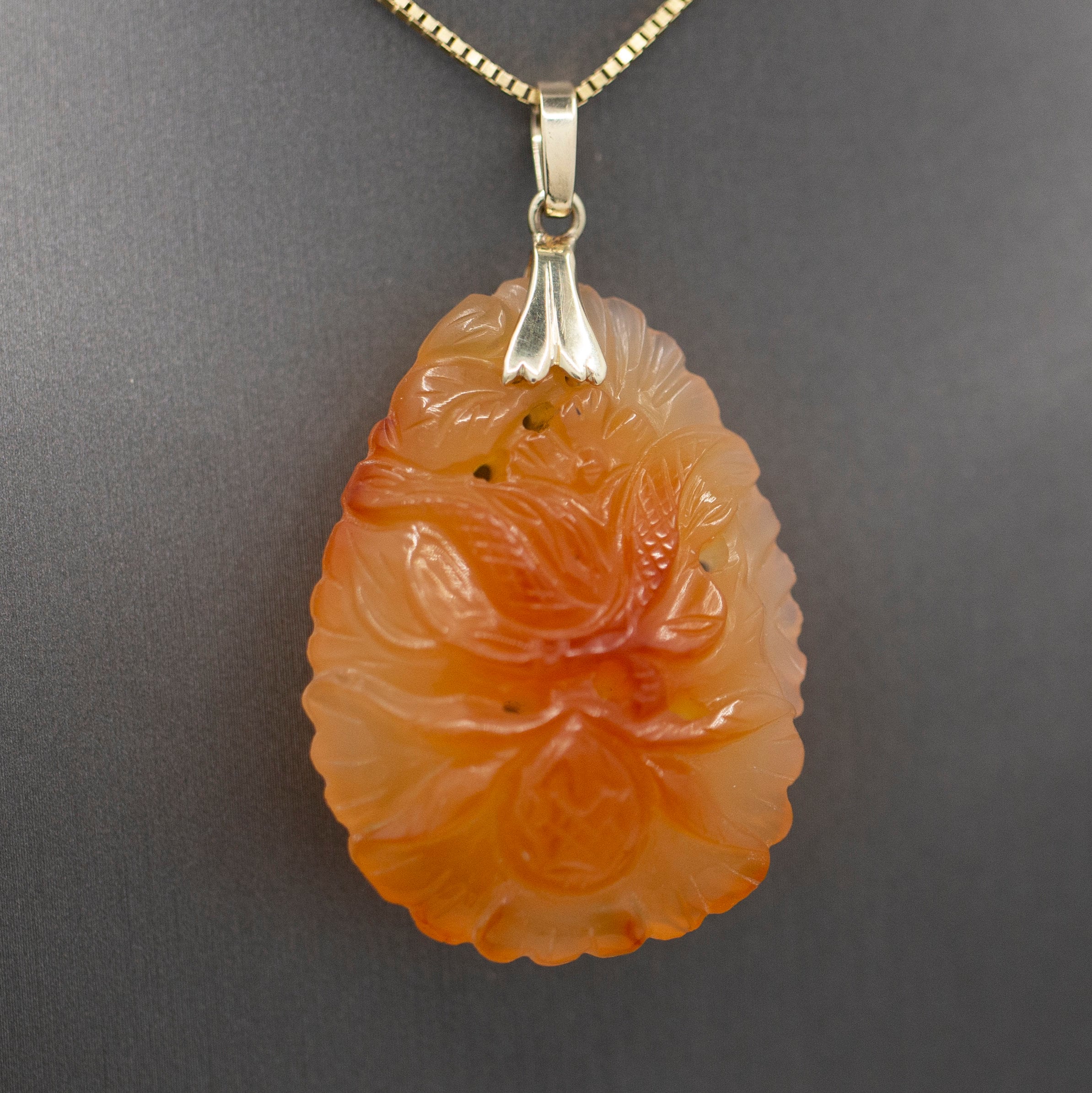 Vintage Carved Red Orange Jadeite Pendant 14k Yellow Gold, Natural Red ...