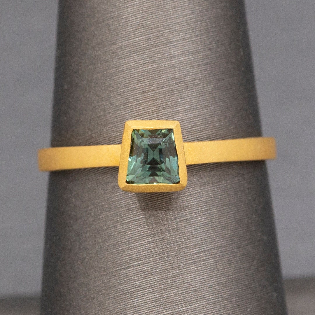 Fancy Cut Trapezoid Teal Sapphire Ring Bezel Set in Sandblasted 18k ...